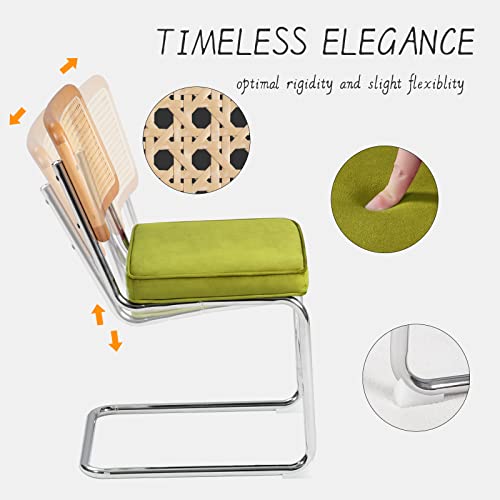 MeetLeisure Rattan Dining Chair Set of 2, Mid-Century Modern Chairs with Metal Chrome Legs, Armless Cane Back Chairs with Upholstered Cushion for Home Kitchen Dining Room, Matcha Green