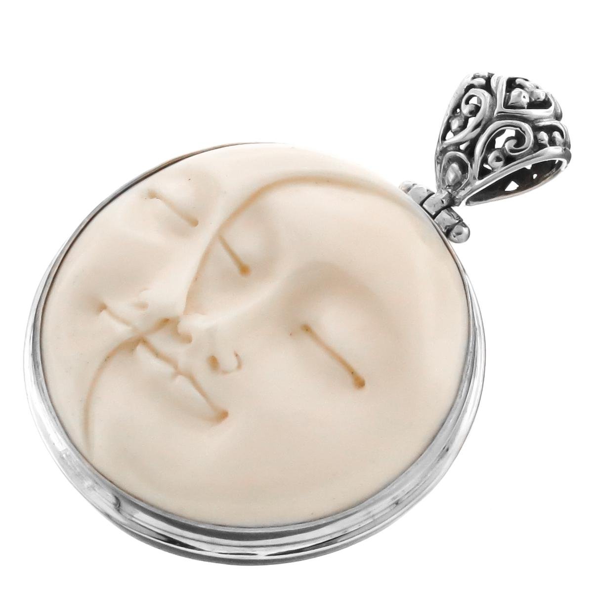 Carved Sun Crescent Moon Moonface Duo Goddess Bison Bone 925 Sterling Silver Pendant, 1 3/4"