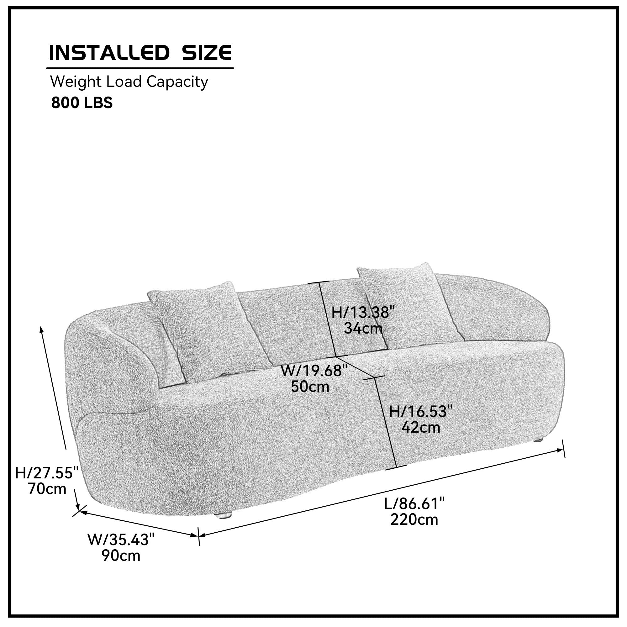 JURMALYN 86.6'' Curved Sofa for Living Room Round Sectional Sofa Couch 3 Seater Upholstered Sofa Boucle Couch with Pillows for Apartment Home Office, Blue