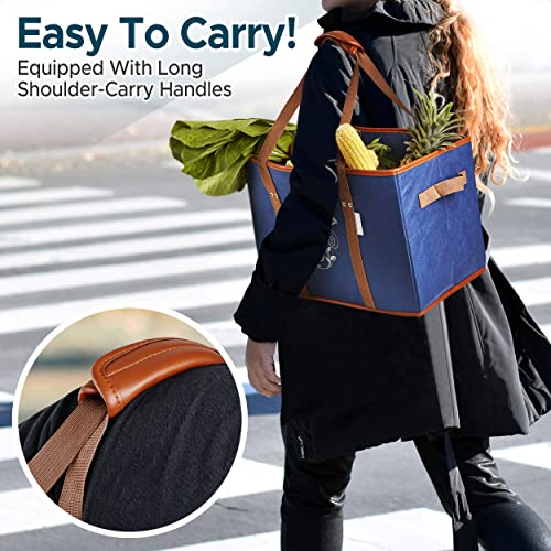 Liviable Reusable Grocery Shopping Bags, Foldable, Heavy Duty Tote, Box Bags with Long Handles and Solid Bottom, Large - Set of 3, Navy Blue