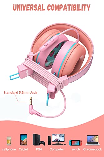 New bee Kids Headphones for School with Microphone KH20 Wired HD Stereo Safe Volume Limited 85dB/94dB Foldable Lightweight On-Ear Headphone for Girl/Mac/Android/Kindle/Tablet/Pad (Pink)