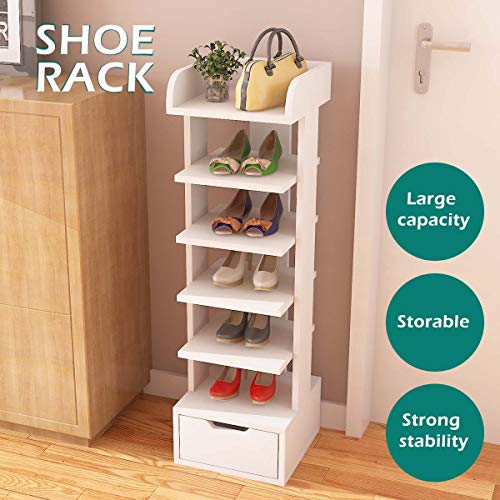 Mepplzian 6-Tier Vertical Shoe Rack, 11” Wooden Shoe Storage Stand with Drawer, Modern Shoe Rack Organizer, Free Standing Shoe Rack Cabinet for Closets Entryway & Small Space, White
