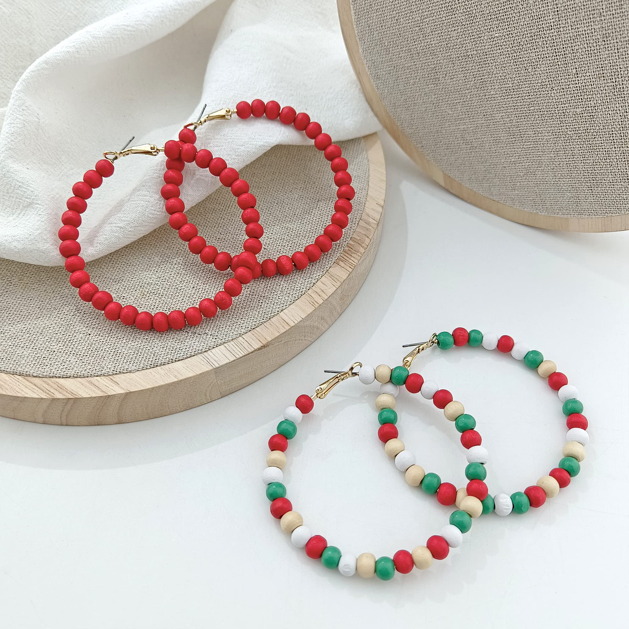 COIRIS Wooden Beaded Hoop Big Earrings Bohemian Circle Round Bead Earrings Circle Drop Dangle Earrings Jewelry For Women (ER1185-Red+Christmas)