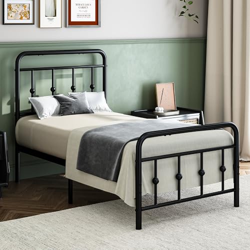 Catrimown Twin XL Bed Frame with Vintage Headboard and Footboard, Victorian Style, Wrought Iron, Under Bed Storage, No Box Spring Needed, Noise Free, Heavy Duty, Black