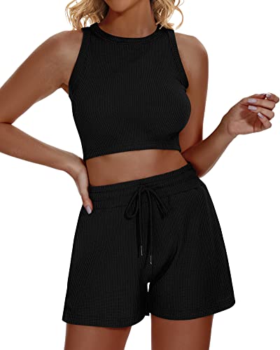 Funlingo Women's 2023 Waffle Knit Sleeveless Crop Top and Shorts Lounge Pajama Matching Sets Sweatsuits Tracksuits 2 Piece Summer Outfits Black M