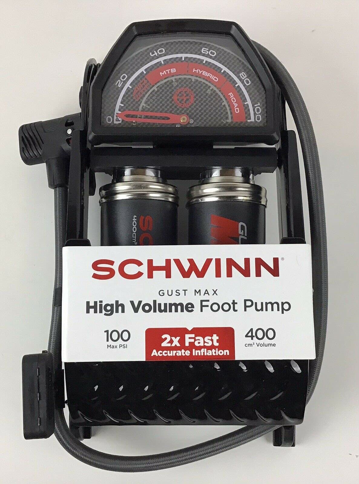 Schwinn Gust Max Foot Pump, 100 Max PSI, for Schrader and Presta Valves