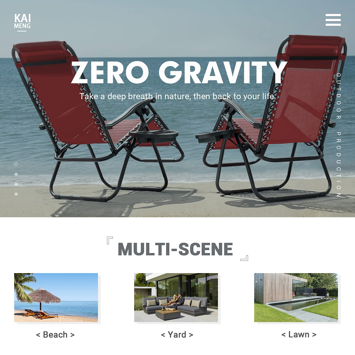Kemon Zero Gravity Folding Lounge Outdoor Patio Adjustable Reclining Chair with Pillows and Cup Holders for Beach Set of 2, Red