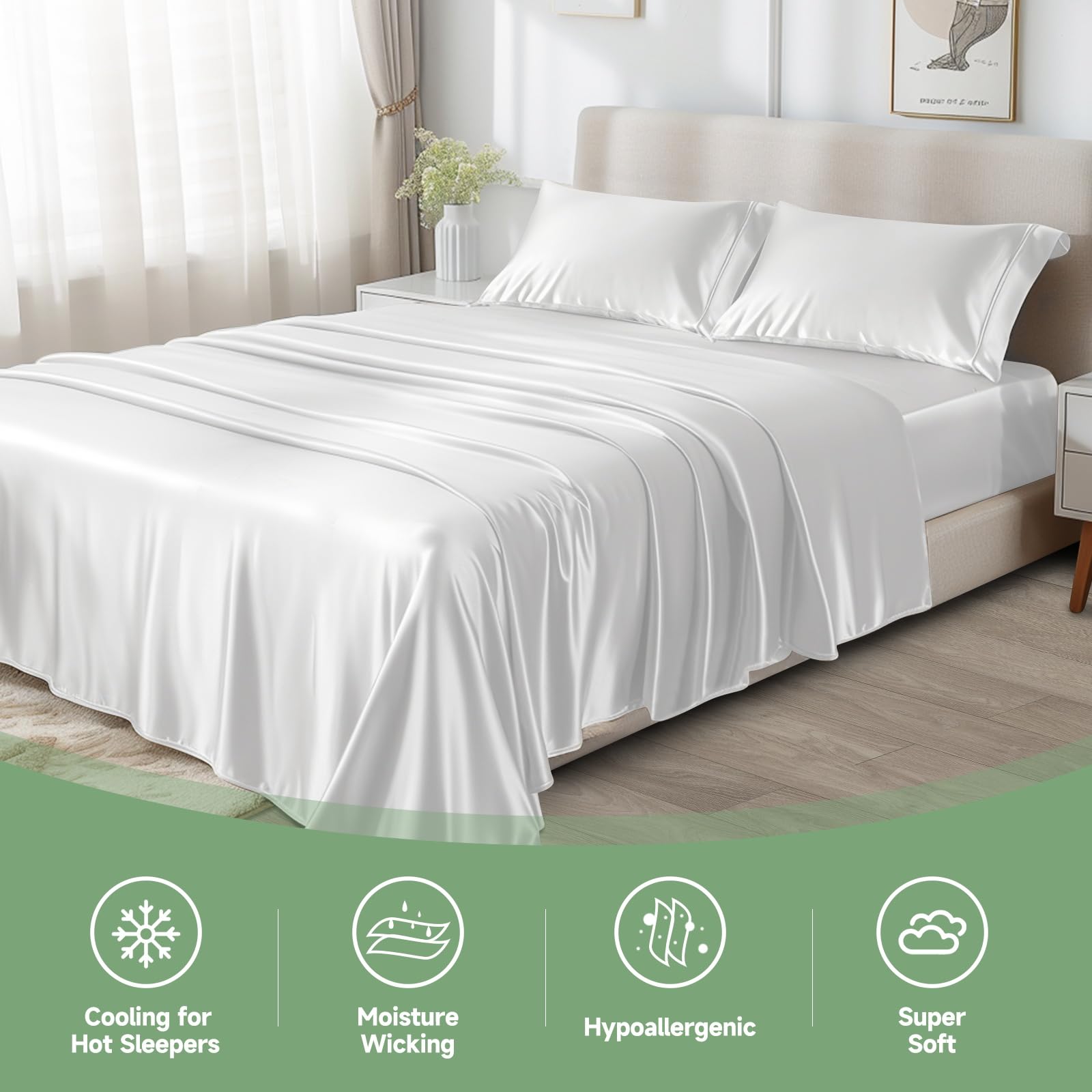 EaseHome Twin Sheets Set, Cooling Sheets, Rayon Derived from Bamboo, Twin Soft Bed Sheets for Boys and Girls, Luxury Silky Bedding Sheets & Pillowcases, White