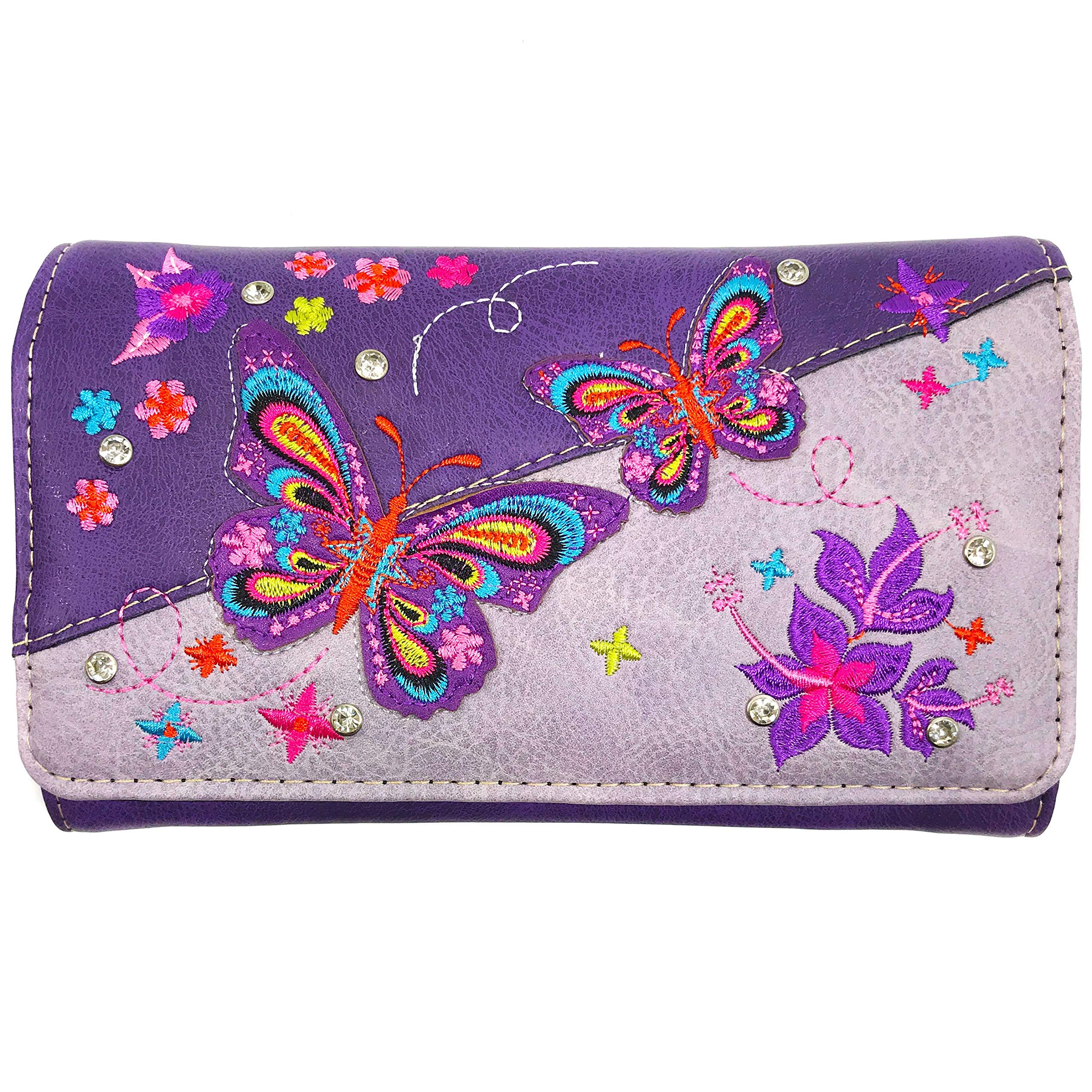 Zelris Butterfly Flower Season Embroidery Women Crossbody Wrist Trifold Wallet (Purple Violet)