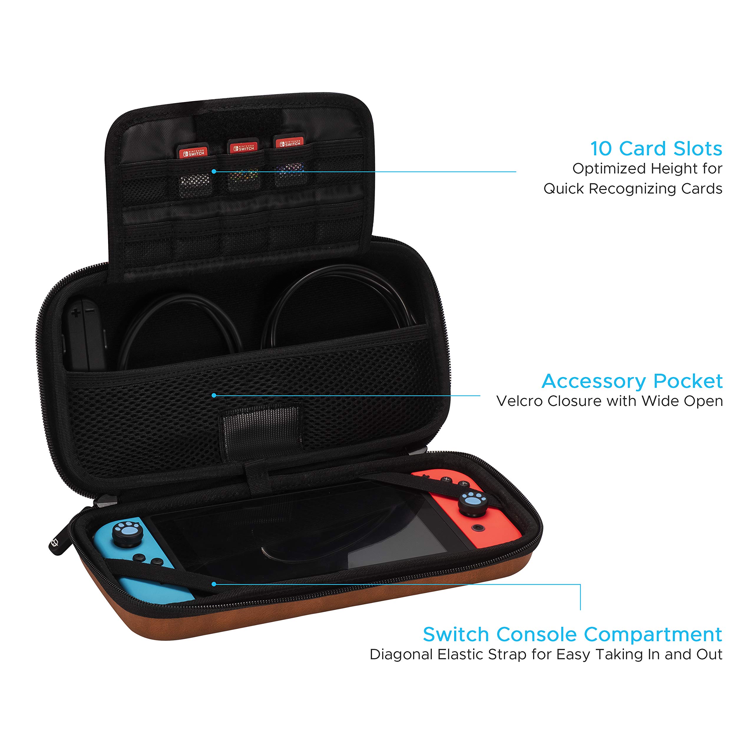 Comfyable Carrying Hard Case for Nintendo Switch OLED 2021 with 10 Game Slots, Faux PU Leather Portable Travel Pouch Protective Waterproof Cover with Pocket for Accessories, Brown