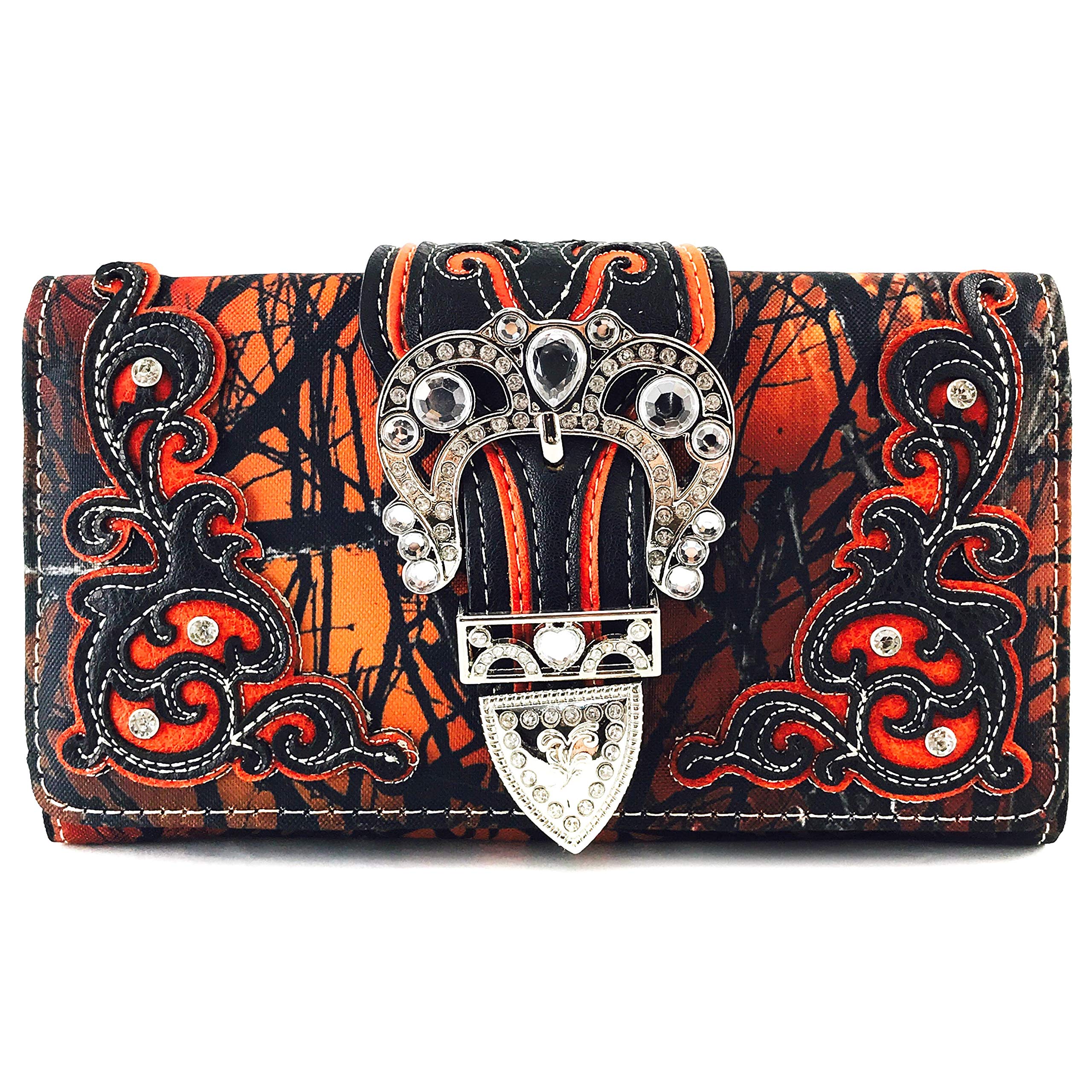 Zelris Camouflage Shine Glow Silver Buckle Women Crossbody Trifold Wallet (Orange)