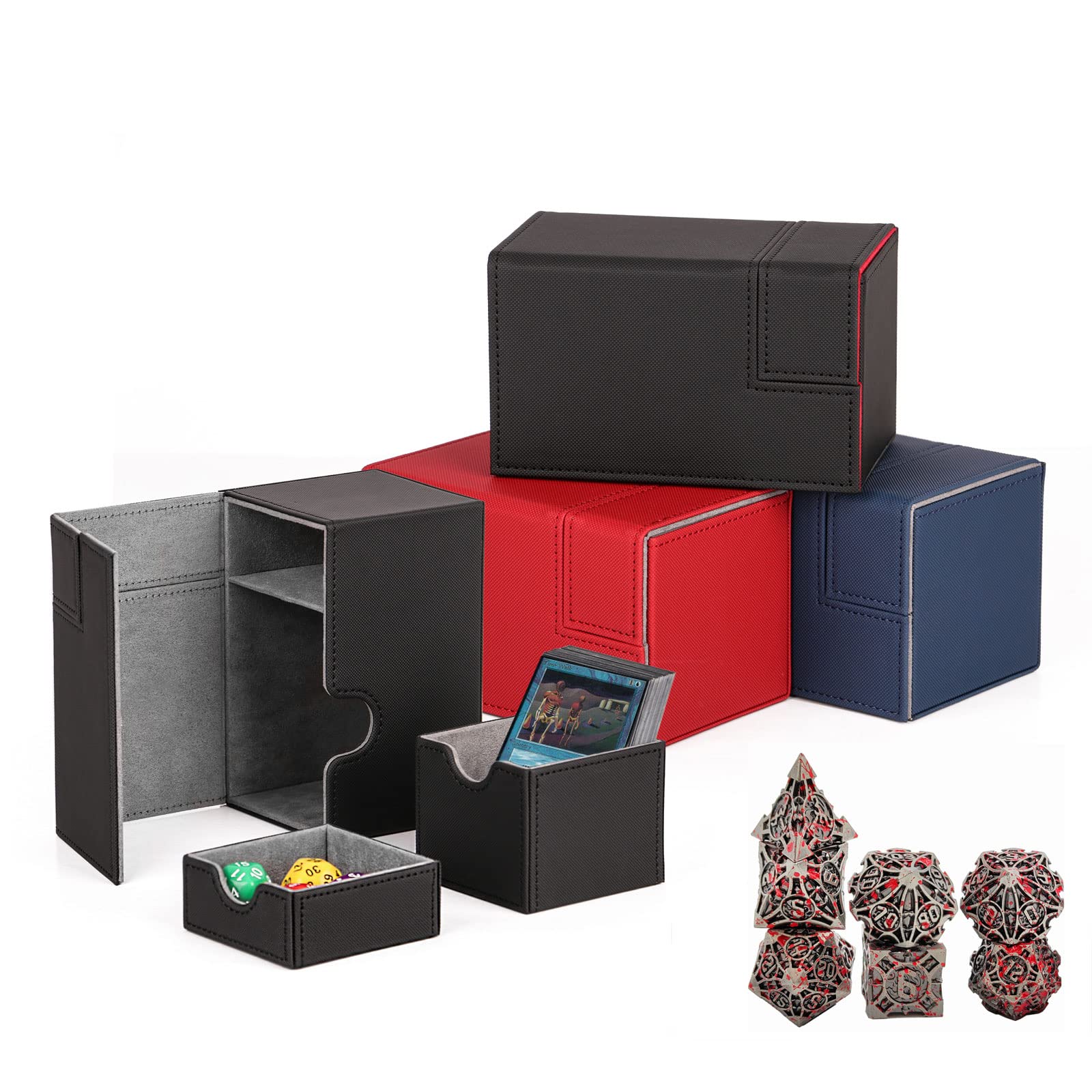 Scimi Deck Box for Trading Card Games, MTG Commander Deck Box Comtains 100 Double Sleeved Cards, Leather Card Storage Case Fits TCG CCG Cards (Black)