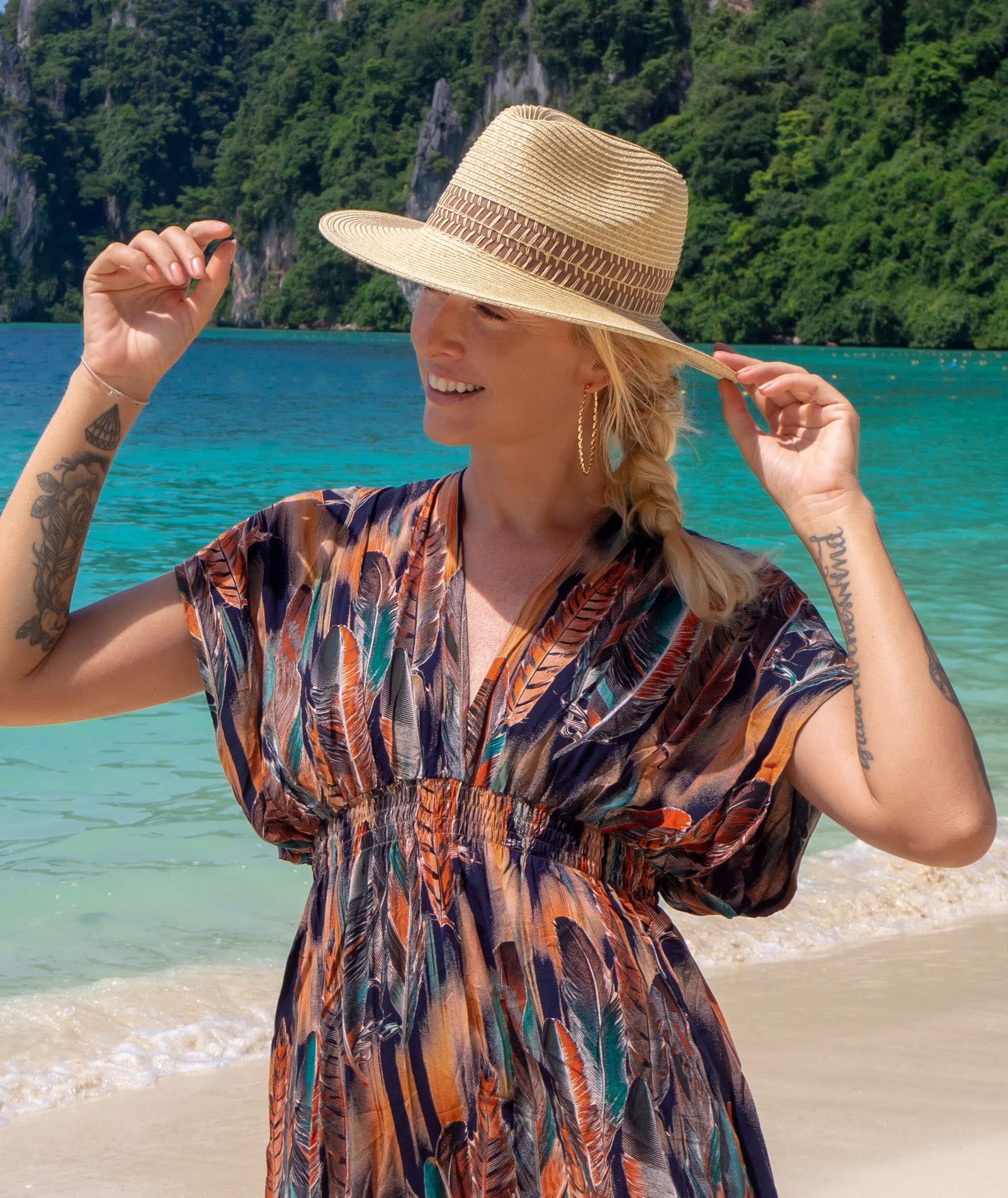 Comhats Women Straw Sun Fedora Hat for Women,Packable Beach Hat Wide Brim Panama Hat UV UPF 50+ Summer Hat Beige