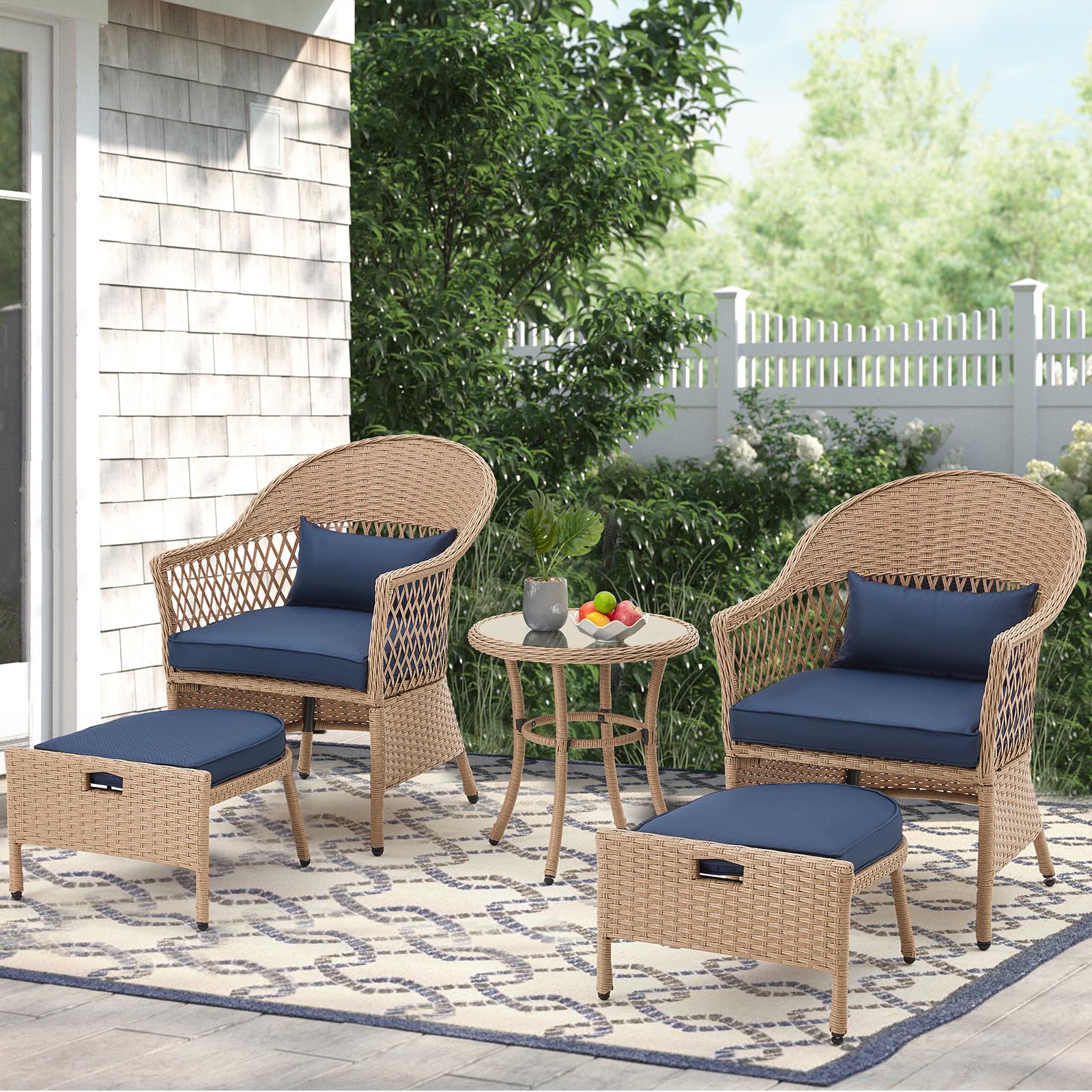 ECOTOUGE 5-Piece Patio Furniture Set, Outdoor Wicker Conversation Bistro Set with Glass Tempered Coffee Table, 2 Rattan Curved Armchairs, 2 Footrests for Porch, Backyard, Balcony, Blue