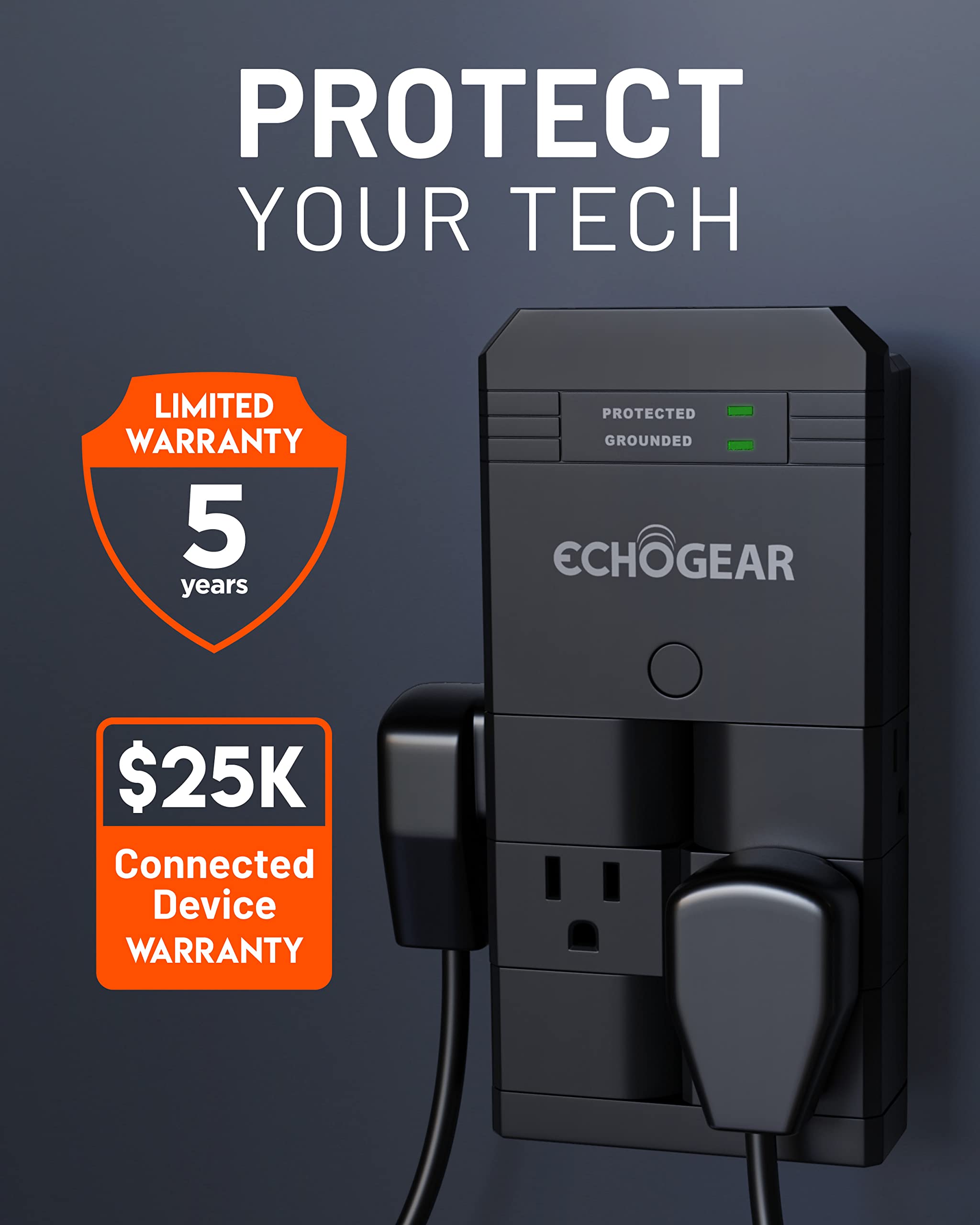 ECHOGEAR Wall Outlet with Surge Protection - Power & Protect 8 Devices with 6 Rotating AC Plugs & 2 USB Ports - Includes 1x USB-C Port & 1x USB-A Port - Black