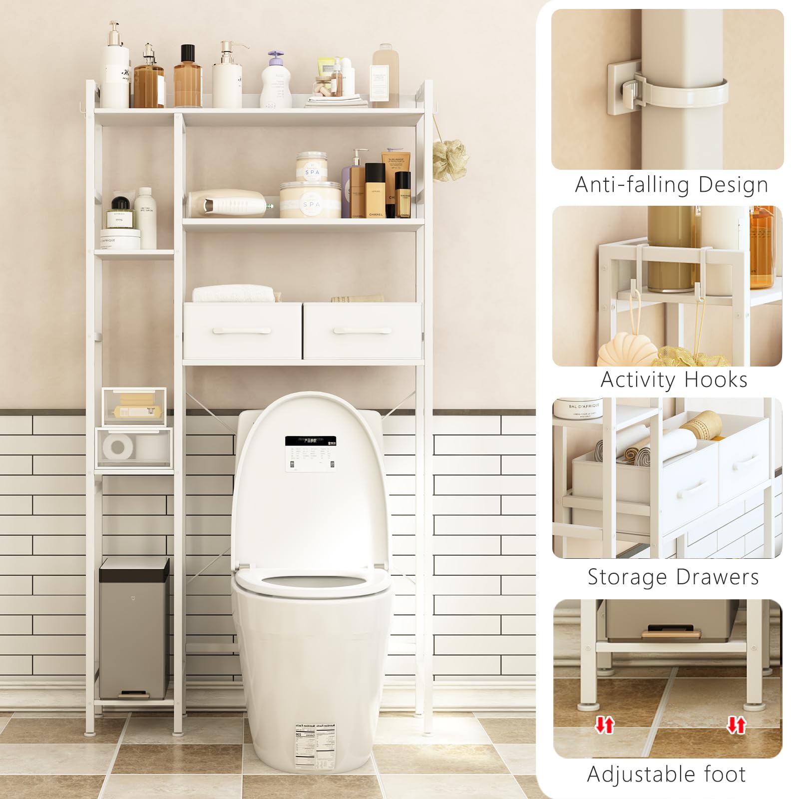 EdartHouse Over The Toilet Storage with 2 Drawers, Over Toilet Storage with Adjustable Shelf, Home Space-Saving Toilet Rack Above Toilet Storage with 4 Hooks for Restroom, Laundry(Rustic Brown)