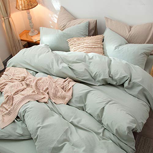MooMee Bedding Duvet Cover Set 100% Washed Cotton Linen Like Textured Breathable Durable Soft Comfy (Sage Green, Queen)