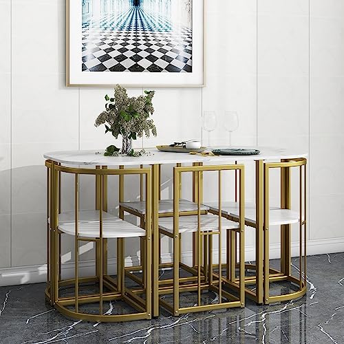 Merax Compact Dining Table and Chairs for Small Space Faux Marble Dining Table Set for 6, 55inch Kitchen Table 7 Piece Set for Dining Room Living Room Modern Style