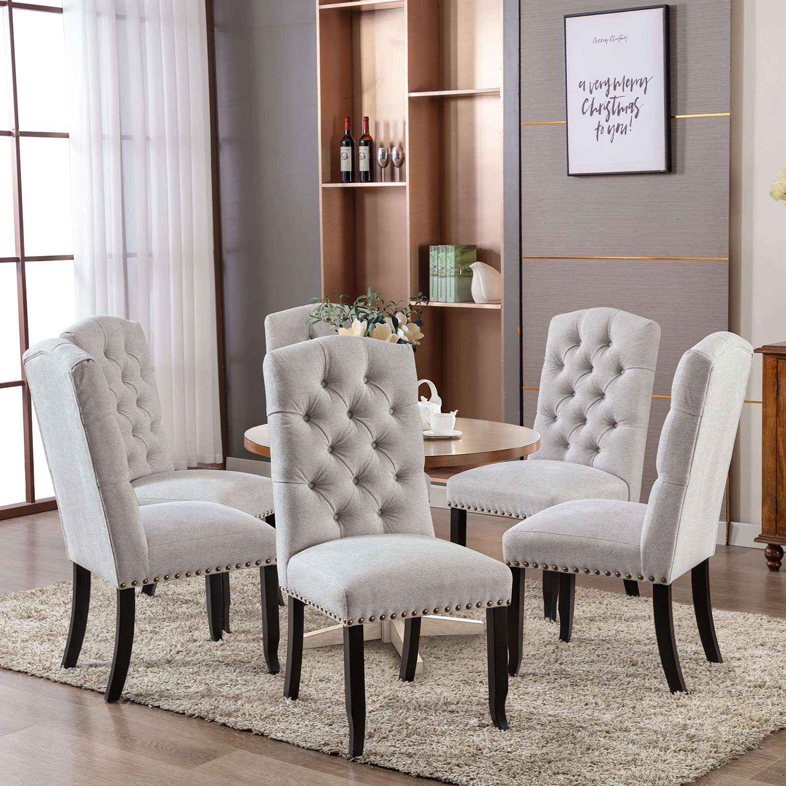 COLAMY Button Tufted Dining Chairs Set of 4, Upholstered Parsons Dining Room Chairs, Fabric Kitchen Chairs with Nailhead Trim and Wood Legs, Light Grey