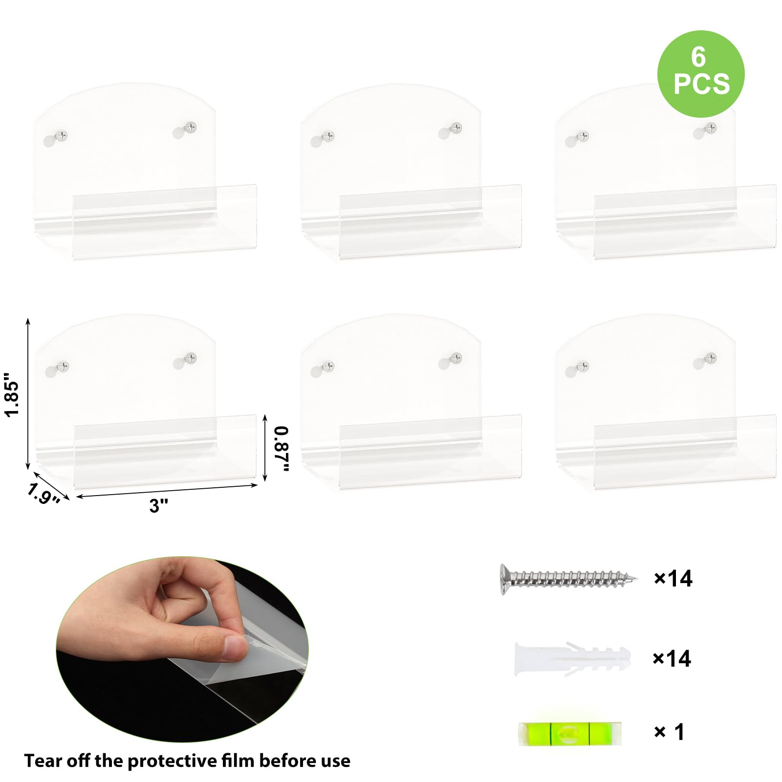 Fixwal Vinyl Wall Mount Record Shelf, Set of 6, 3in Acrylic Floating Shelves for Vinyl Record Display, Wall Decor for Living Room, Office (Clear)