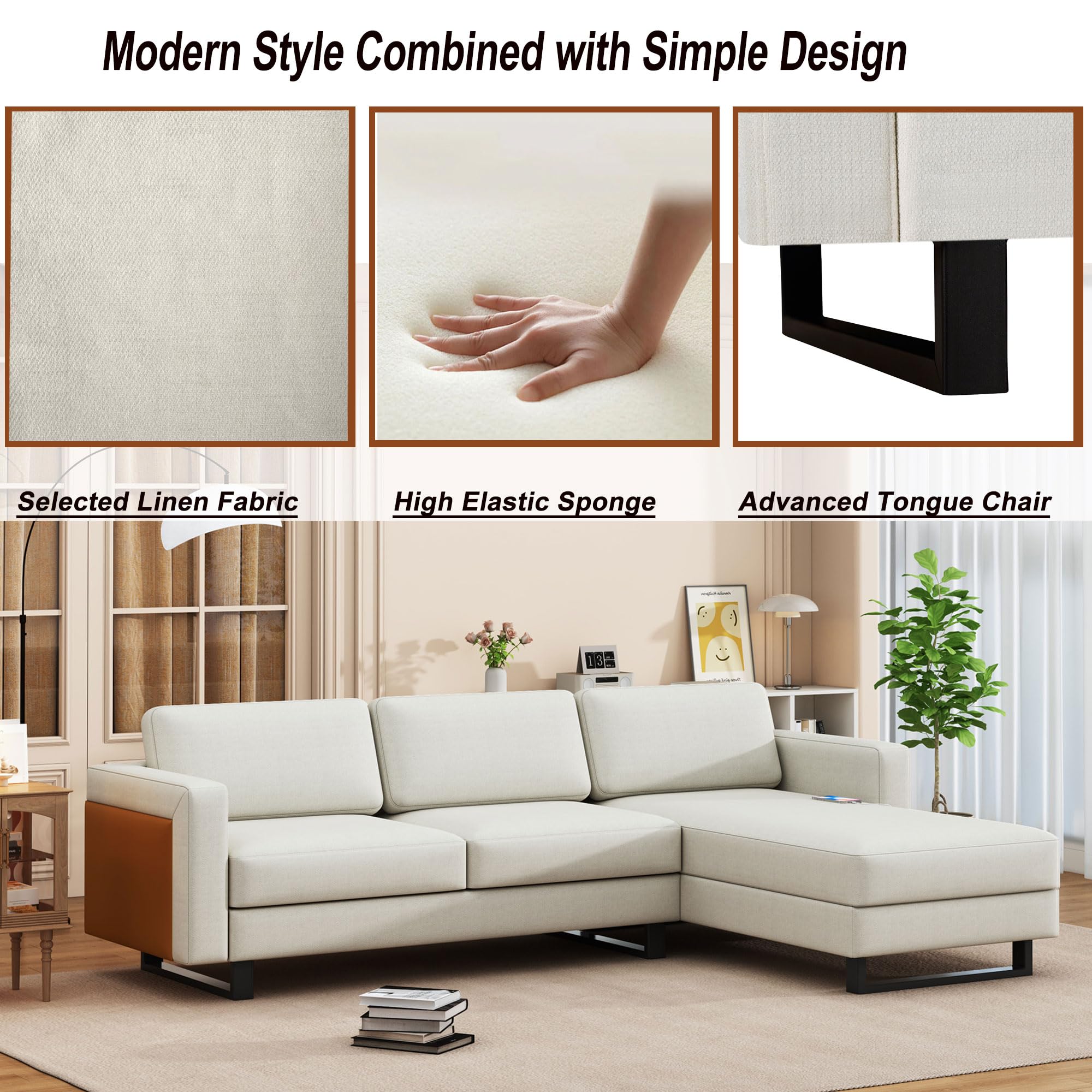 Favfurish Sectional, Convertible L-Shape Sofa Couch with Reversible Armrests,Solid Wood Frame,Chaise Longue,USB Function,for Living Room, Apartment,Studio,Cream White, 100