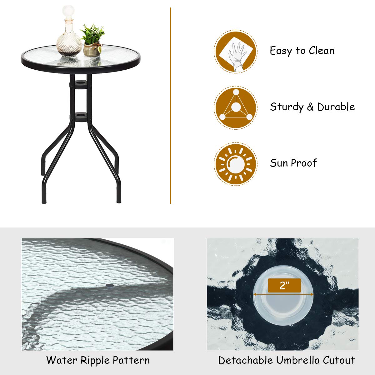 HAPPYGRILL 3 Pieces Patio Dining Set with Round Glass Table, Folding Chairs, Outdoor Chairs Table Set with Umbrella Hole for Garden Poolside Backyard