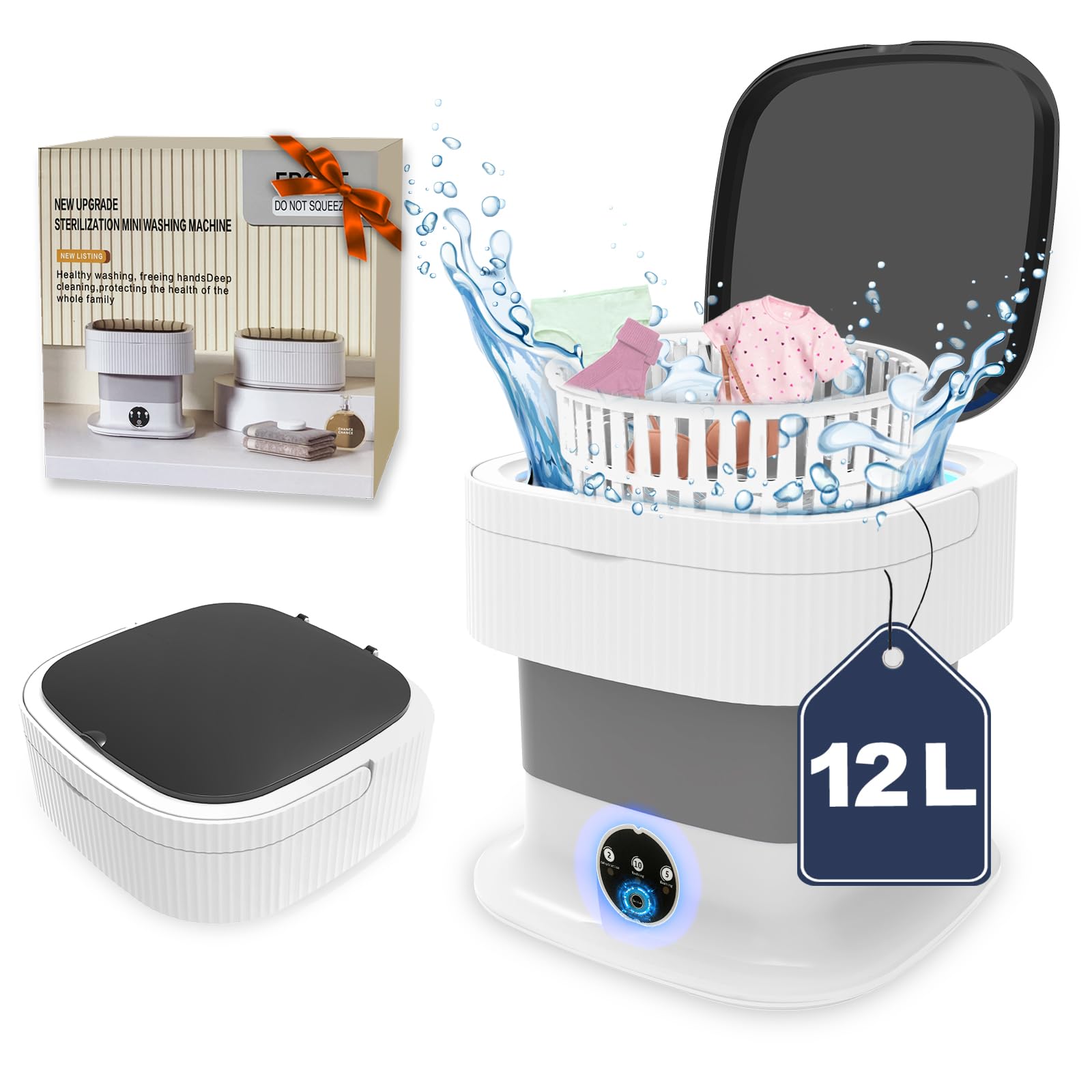 Foldable Washing Machine, 12L Portable Washer with 3 Modes, Collapsible Mini Washing Machine with Spin, Small Washer and Dryer Combo for Baby Clothes, Socks (Grey)