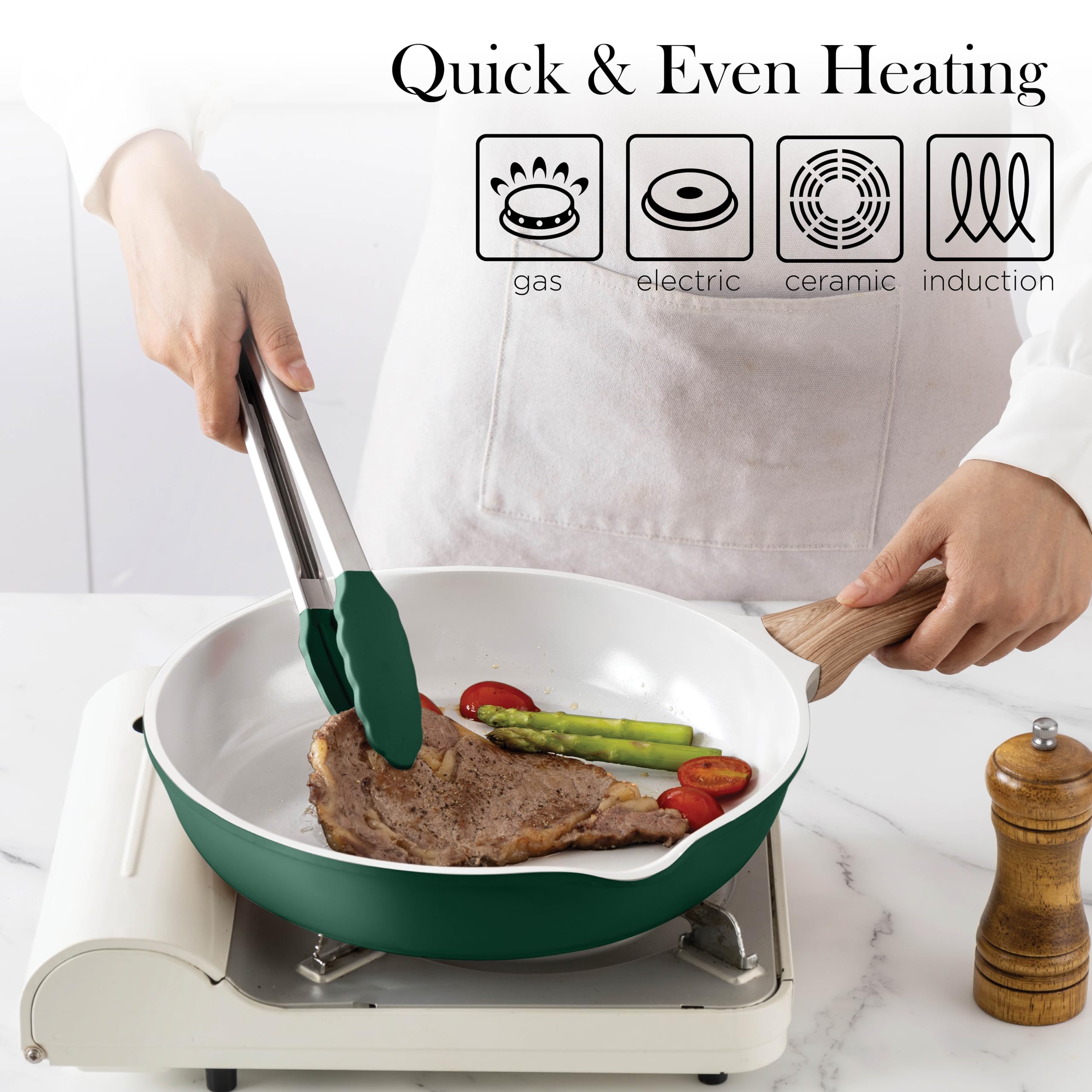 Country Kitchen Pots and Pans Set Nonstick, Cast Aluminum Kitchen Cookware Set with Utensils, 14 Pcs Non Stick Cooking Set w/Frying Pans & Saucepans, Sage