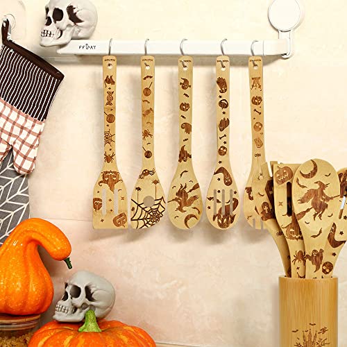 Nialnant Halloween Wooden Kitchen Utensil Set with Storage Bucket, Wooden Spoons for Cooking,Non-Stick Bamboo Cooking Utensils,Fun Gift Ideas for Women - Witch Pattern