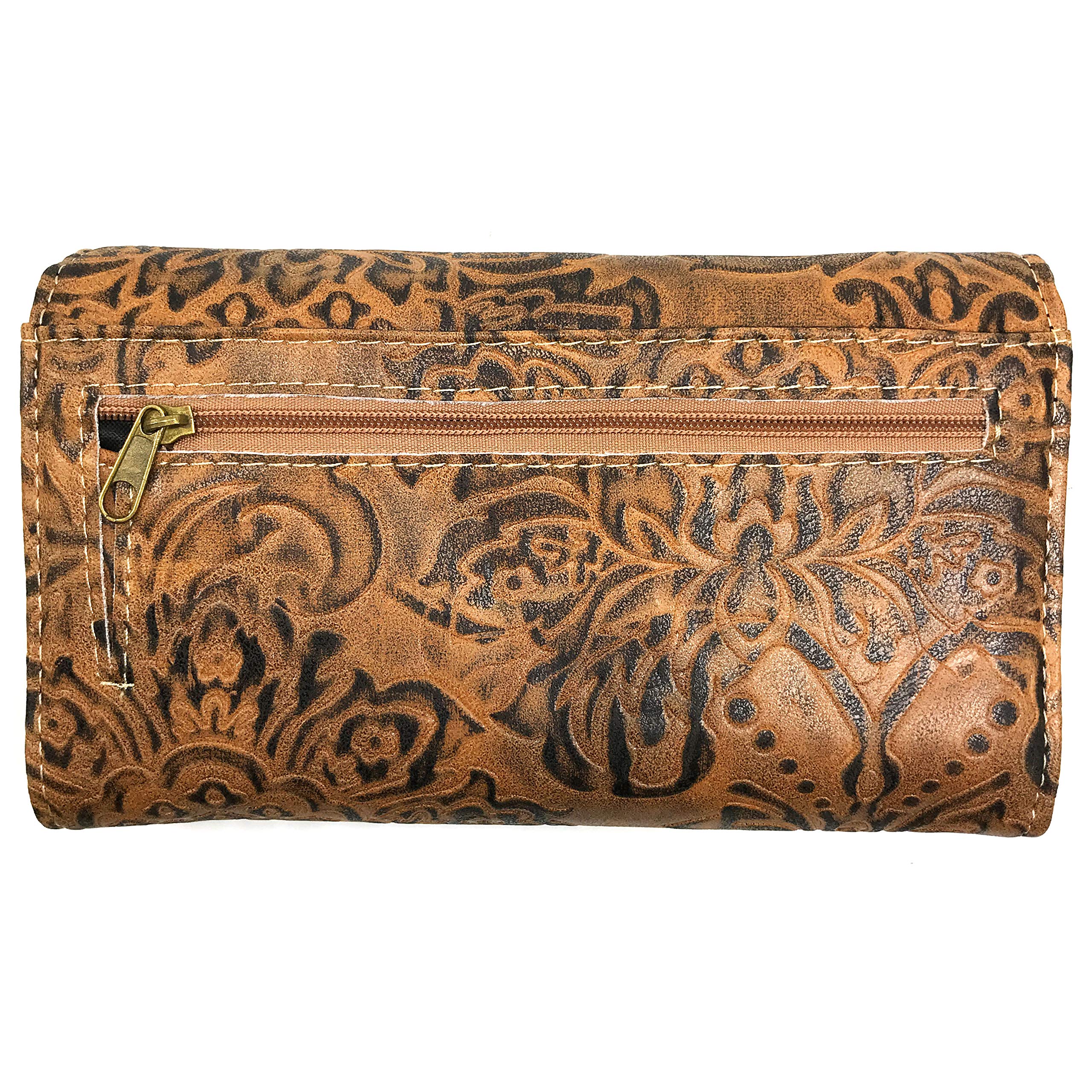 Zelris Women Western Floral Damask Pattern Medallion Crossbody Wrist Trifold Wallet (Tan)