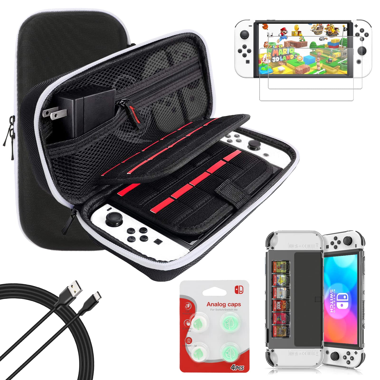 Carrying Case for Nintendo Switch OLED Model 9 in 1 Switch OLED PET Protective Case ,2Pcs Glass Screen Protector, Travel Case,USB Cable,4Pcs Thumb Grips Caps- [Ideal Gift All in One Bundle] Black