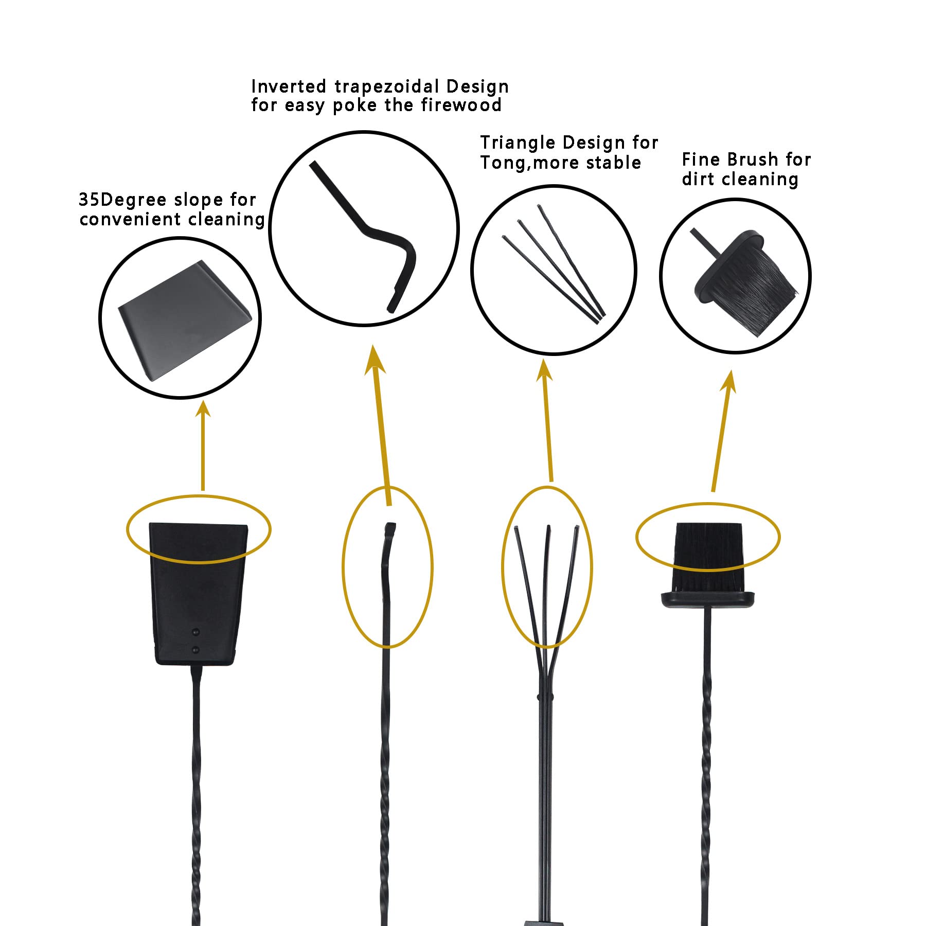 yinat Fireplace Tools Set, 5 Pieces of Fire Pit Tools,Firewood Holder Tools Kit Sets with Handles,Outdoor Accessories Kit,Black,Wrought Iron