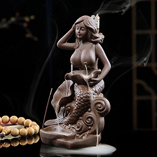 Zen Garden Ceramic Mermaid Incense Holder Backflow Incense Burner Incense Cones Stick Holder, Ideal for Yoga Room, Home Decoration 3.15''X2.76''X6.9''