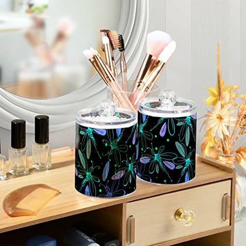 Fustylead 2 Pack Dragonflies Plastic Apothecary Jars with Lid, Bathroom Vanity Storage Organizer Canister for Qtip, Cotton Ball, Swab, Round Pads, Floss