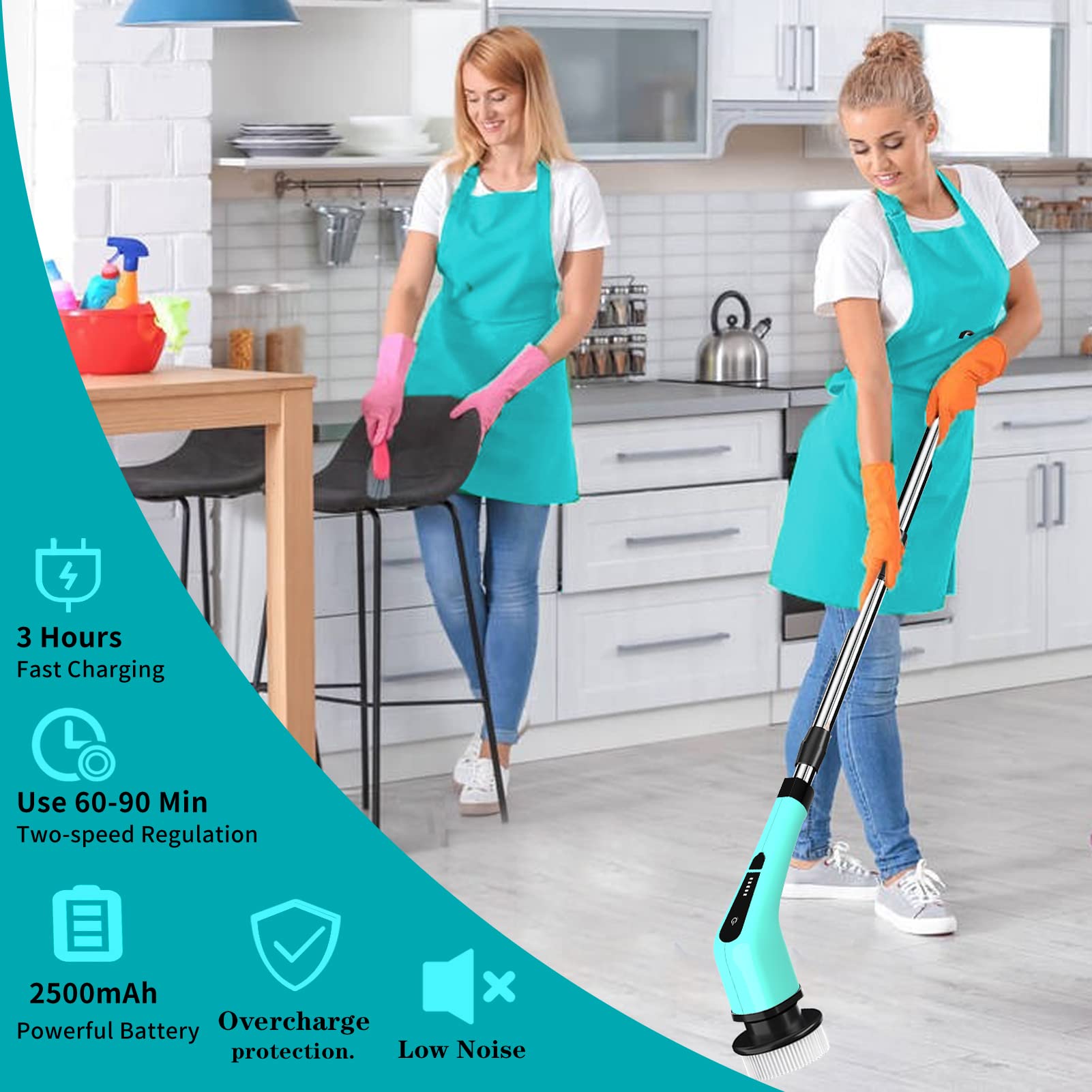 Electric Spin Scrubber, Cordless Bathroom Scrubber with Long Handle, Shower Scrubber for Cleaning with 7 Brush Heads, Power Wall Scrubber Suitable for Cleaning Wall, Kitchen, Bathroom, Window, Floor