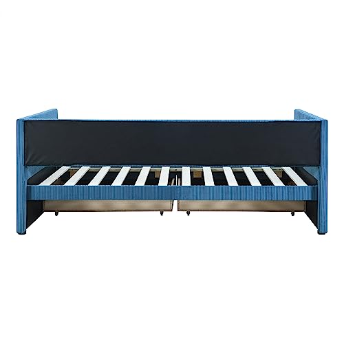 Merax Twin Size Corduroy Daybed with Two Drawers and Wood Slat,Sofa Bed Frame for Bedroom,Boys,Blue