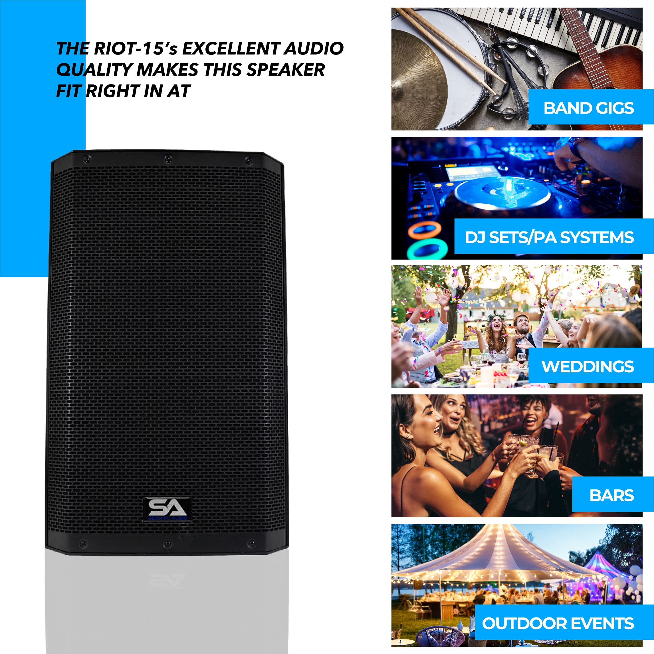Seismic Audio Speakers Riot-15, Pair of Powered 1000 Watt PA/DJ Speaker with Bluetooth, 15 Inch Speaker, DSP, Built in Mixer & Class D Amplifier