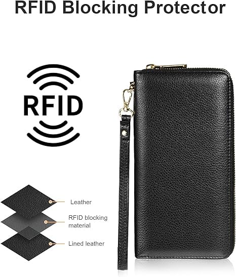 Chelmon Womens Wallet Large Capacity Zip Holder Clutch Bifold Wrist Strap Long Purse Black
