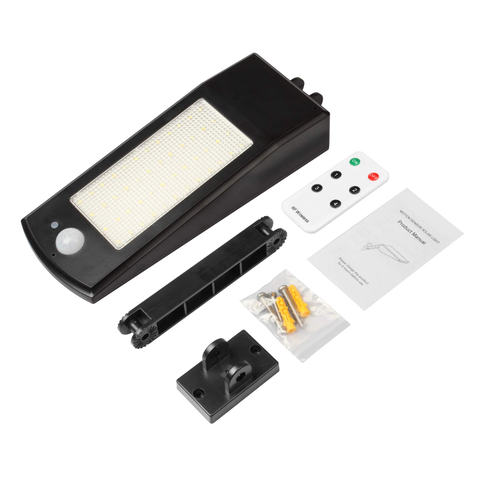 Outdoor Solar LED Wall Light IP65 Waterproof Area Security Night Lighting Wireless Dusk to Dawn Motion Sensor Lamp Remote Controlled 4 Working Modes for Garden, Fence, Patio, Yard, 900LM 6000K