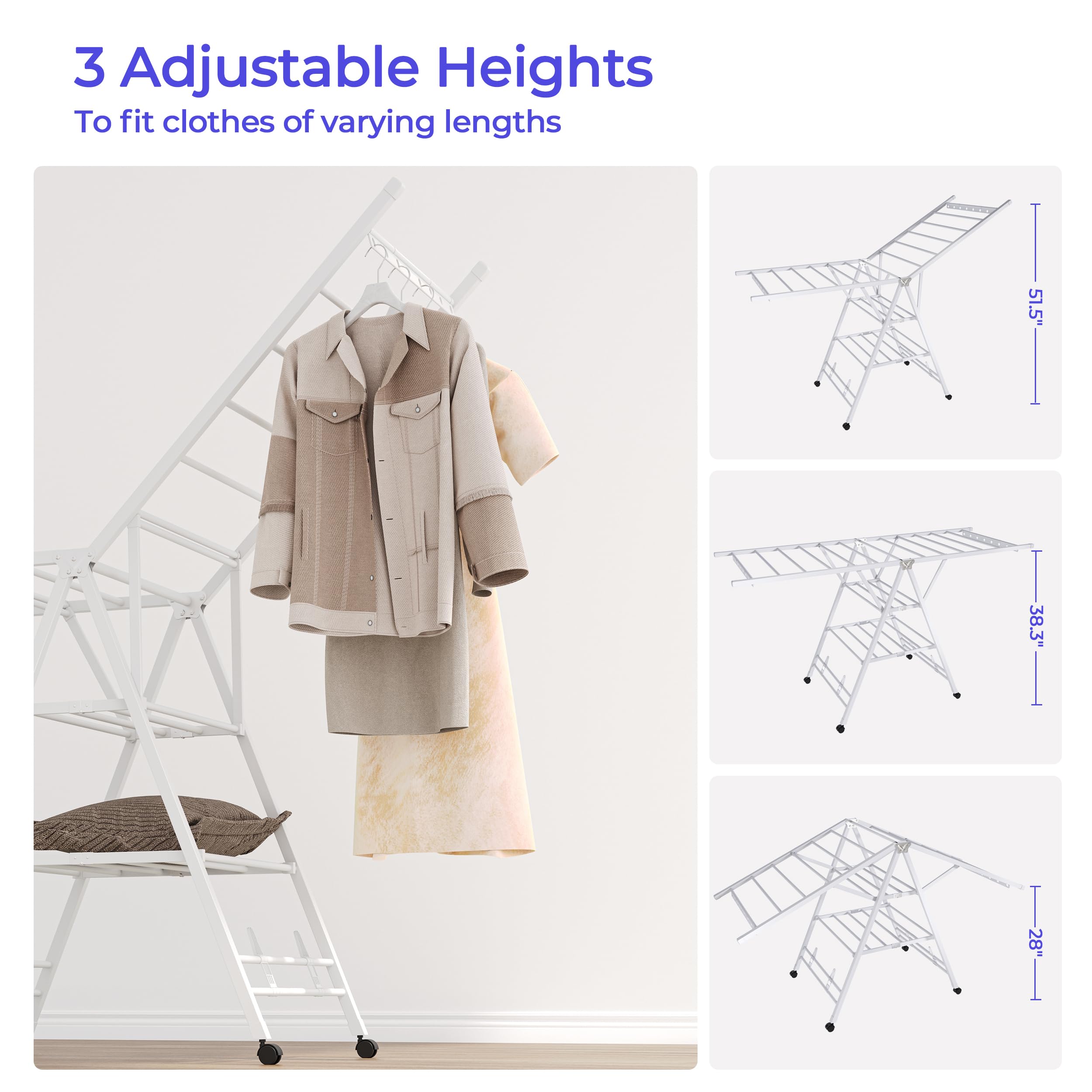 JOISCOPE 64 Inch Clothes Drying Rack Foldable,3-Level Gullwing Laundry Drying Rack& 3 Kinds of Height Adjustable,Free-Standing Large drying rack for Indoor Outdoor Use,Not Install & Space Saving,White