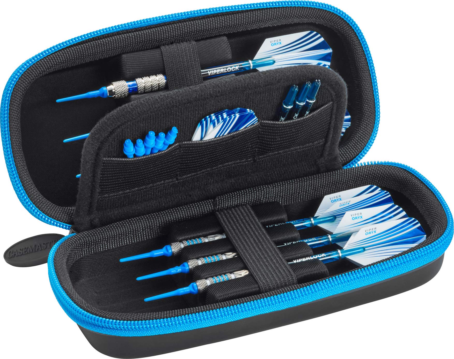 Casemaster Sentry 6 Dart Case Slim, Holds Extra Accessories, Tips, Shafts and Flights, Compatible with Steel Tip and Soft Tip Darts, Impact & Water Resistant TacTech Shell, Blue Zipper