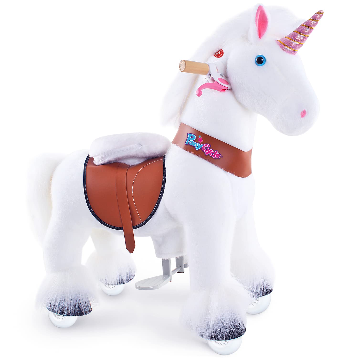 PonyCycle Authentic Unicorn Ride on Toy Mechanical Unicorn (with Brake/ 30" Height/Size 3 for Age 3-5) White Ride on Unicorn Giddy up Ride Horse Plush Ux304