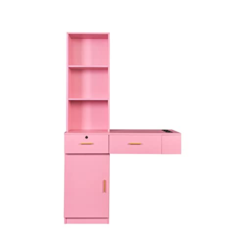 LLS Makeup Dressing Table, Computer Desk Vanity Set Wooden Dresser with 1 Storage Cabinet, 2 Drawers & 3 Open Shelves, Modern Hair Desk Writing Desk Without Mirror for Studio Toilet Barber Shop, Pink