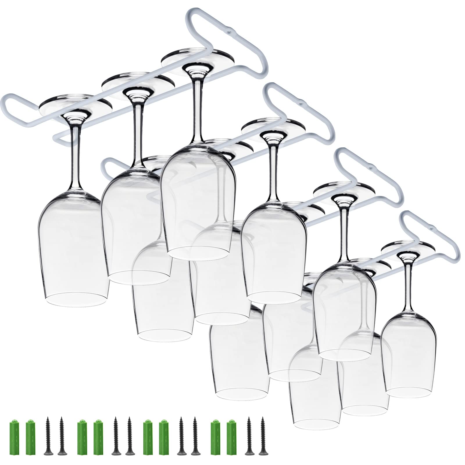 eastbao white 4 Wine Glass Rack Under Cabinet Shelf Glasses Holder Storage With Drying Stemware Rack Under Counter Wine Glass Holder Metal Hanger Steamware Wine Glass Hanging Rack for Kitchen