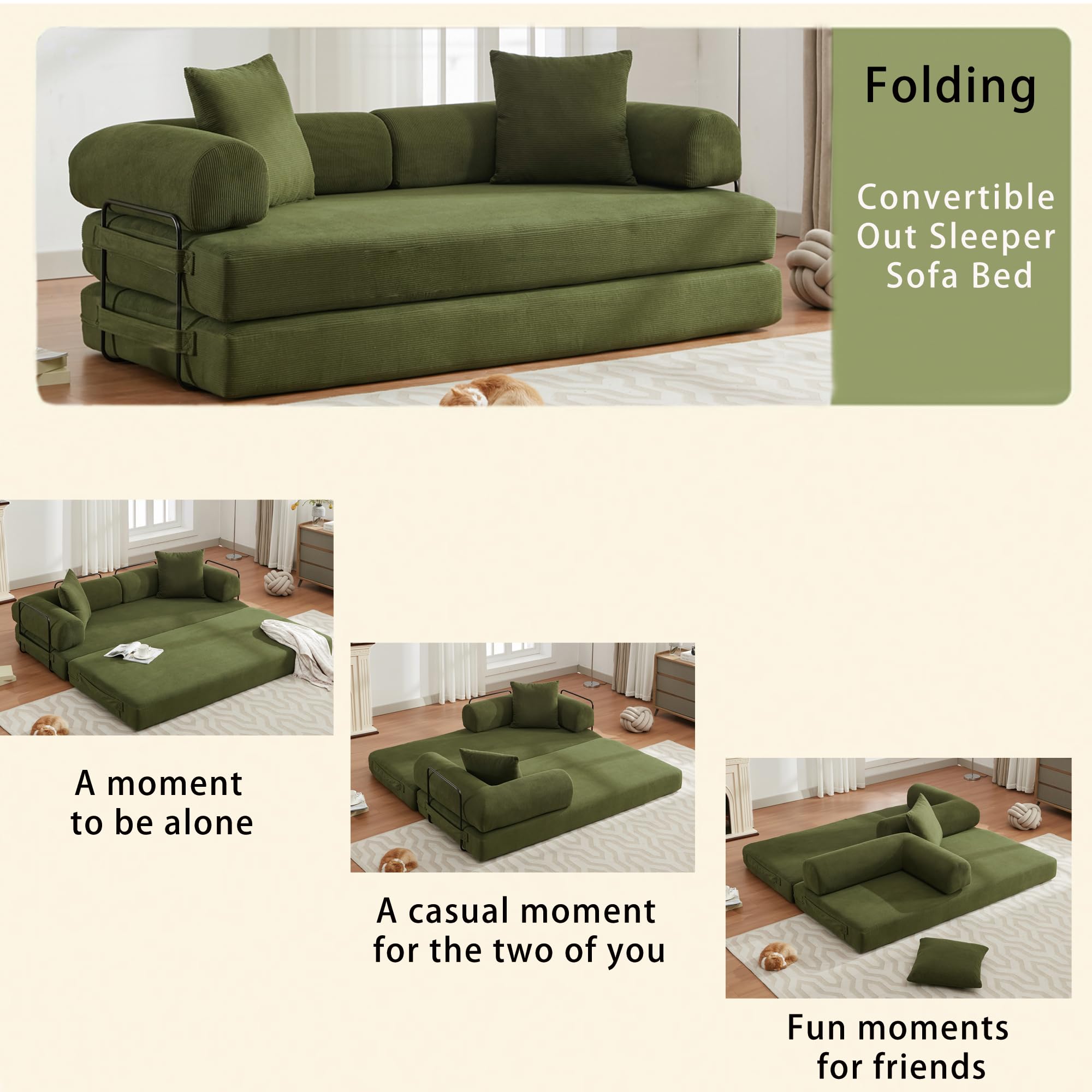 Fjzhai Sleeper Sofa Couch Bed,78.5" Corduroy 3 Seater Sofa Bed,4 in 1 Convertible Couch,Small Folding Couch for Living Room Apartment,Bedroom