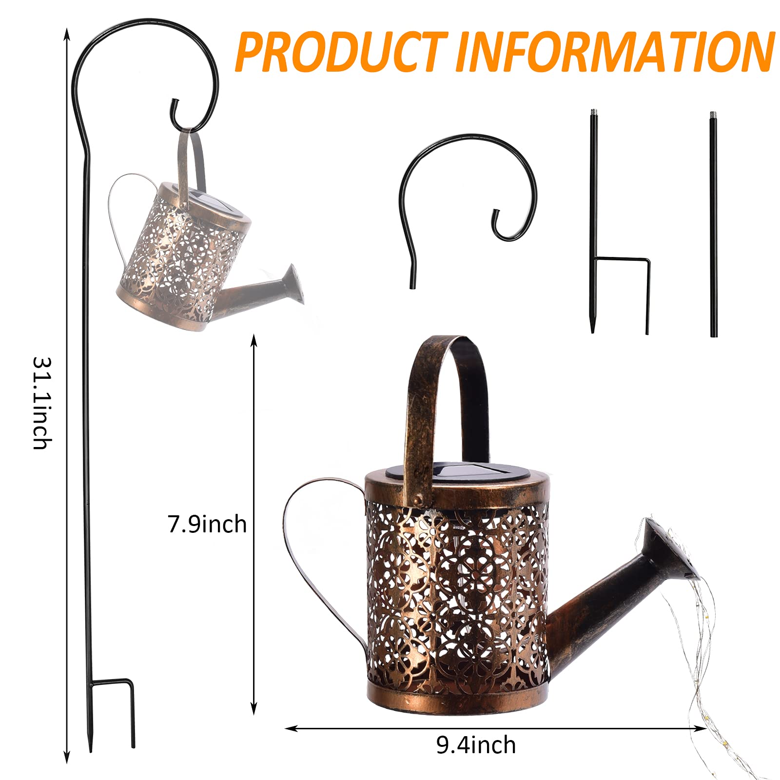 WWahuayuan 7.9Inch Watering Can Lights Solar Powered, Garden Solar Lantern Waterproof, Outdoor Hanging Lamp with Light String for Lawn Patio Yard Pathway Decor