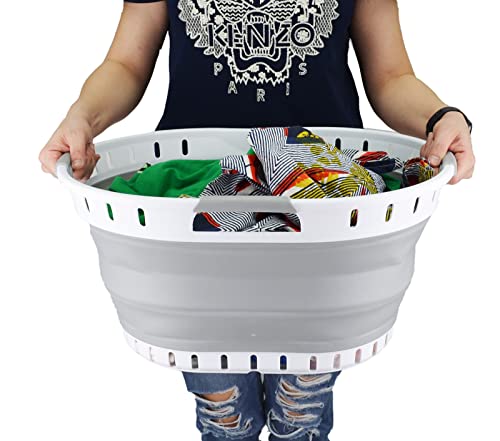 SAMMART 25L (6.6 gallon) Collapsible Plastic Laundry Basket - Foldable Pop Up Storage Container/Organizer - Space Saving Hamper/Basket (White/Grey)