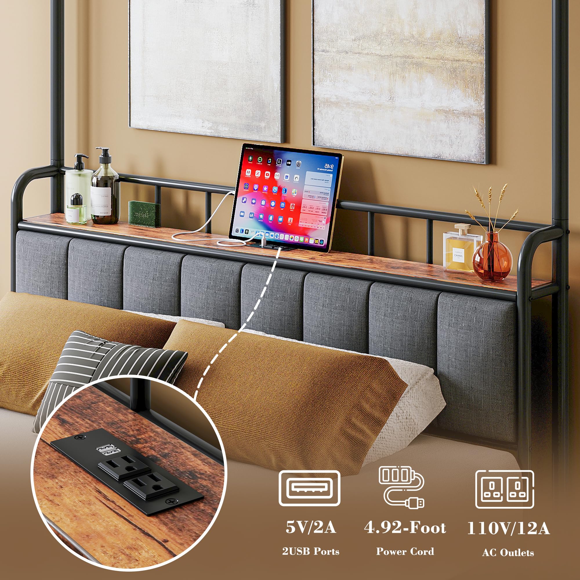 LIKIMIO Canopy Bed Frame Queen, Storage Headboard with Charging Station, Platform Bed with 4 Removable Sturdy Posts, Noise Free, No Box Spring Needed, Vintage Brown