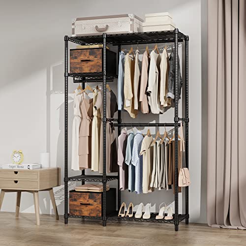 Memobarco Clothing-Rack, Heavy Duty Rolling Clothes-Rack, 4 Tiers Wire Shelving Garment Rack with 3 Hanging Rods & 2 Storage Drawers, Freestanding Portable Closet Wardrobe Clothes Organizer, Black