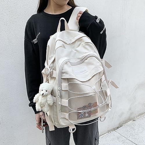 Juoxeepy Aesthetic Laptop Backpack Cute Kawaii College Backpack with Bear Pendant Lightweight Everyday Backpack Nylon Travel Daypack for Women